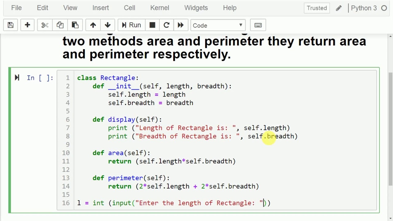 Python program that has a class named Rectangle with attributes length and breadth two methods area