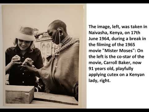 Image of USA actress Carroll Baker in Kenya in 1964 for the filming of the 1965 movie "Mister Moses"