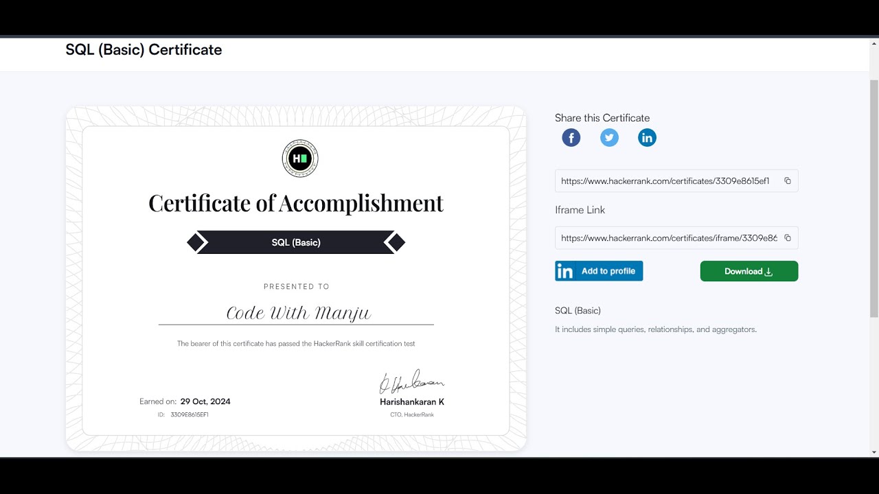 Hacker Rank SQL Basic Certification Test || Get Your Hacker Rank SQL Basic Certificate || Telugu