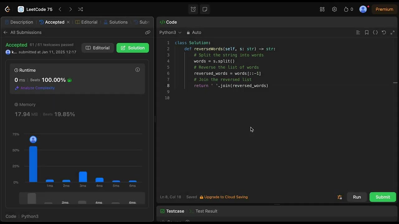 Leetcode 75 - Reverse Words in a String - 6 of 75 - Python - Leetcode Solution