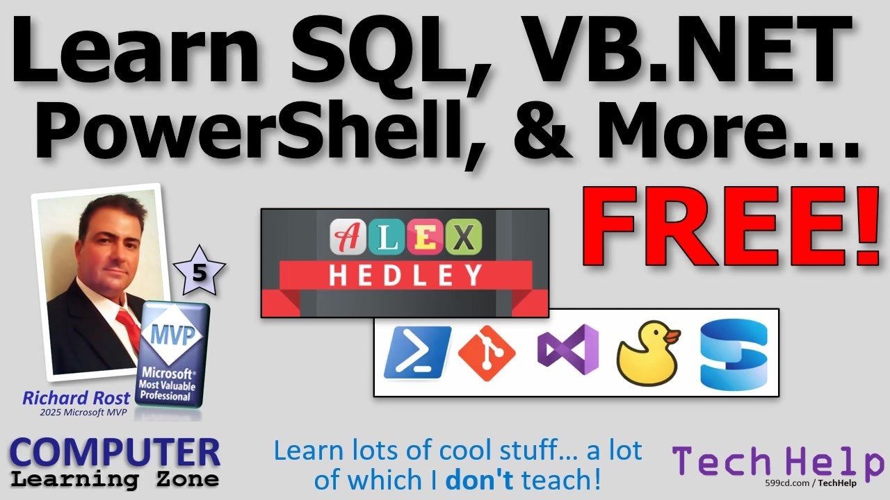 Learn SQL, VB.NET, PowerShell, Rubberduck, Github & More FREE - Alex Hedley Tech Tutorials
