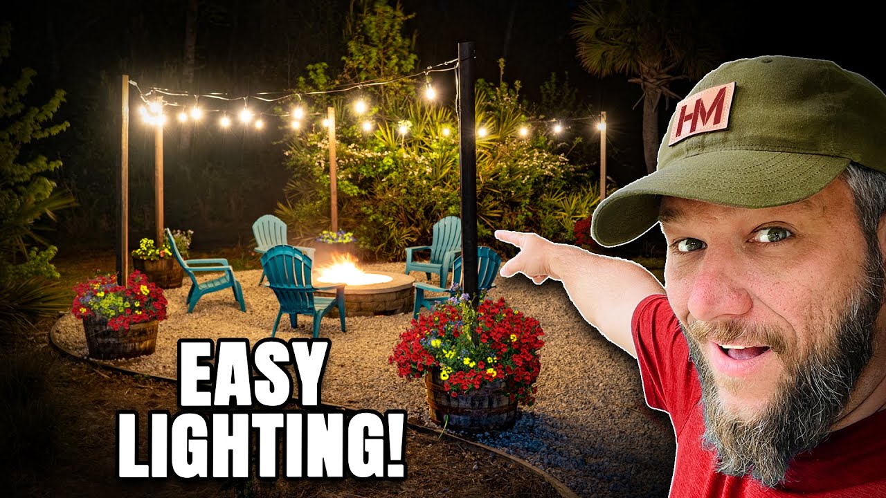 Hanging String Lights Around My Fire Pit! I Used Whiskey Barrel Planters