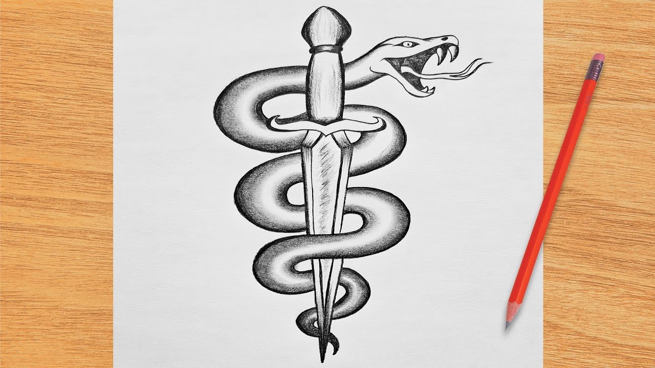 How to Sketch Snake and Sword~Power Tattoo Easily || Drawing with Pencil
