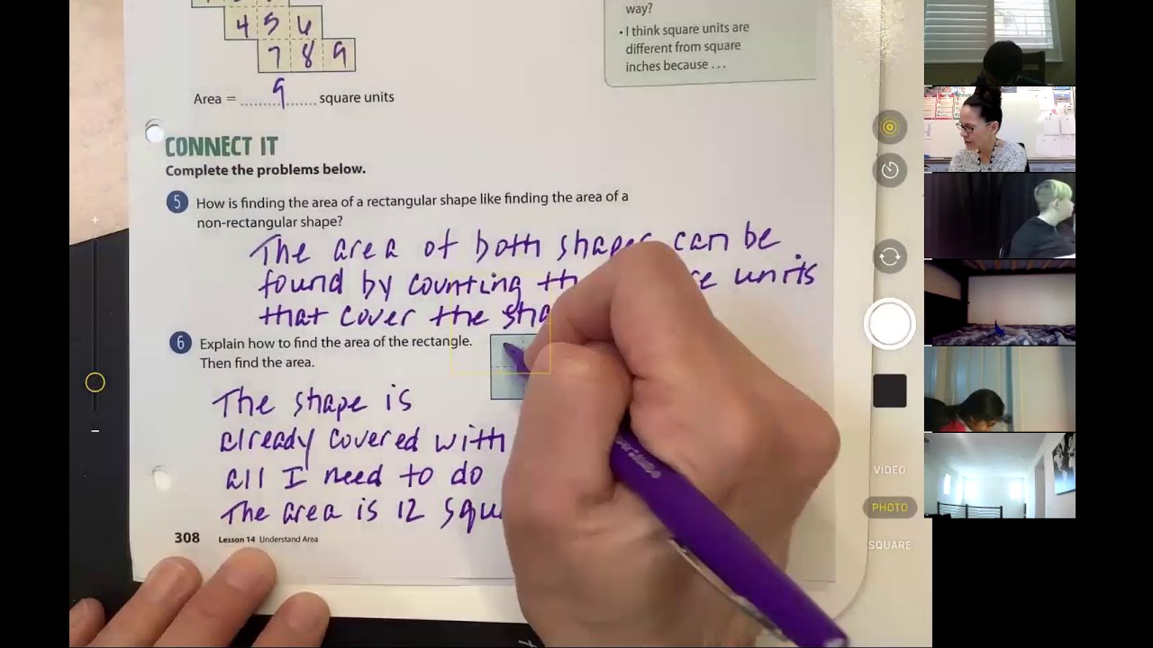 01/12/21 - Math - lesson 14, session 2 - understanding area - pages 307-310