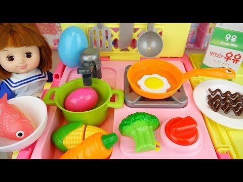 Baby doll kitchen food cooking surprise egg play baby Doli house