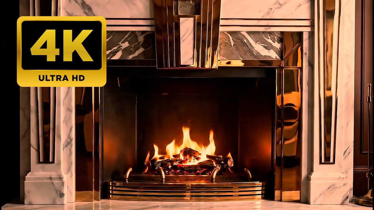 🔥 Sophisticated Marble Fireplace | Art Deco Ambiance & Gentle Crackling 4K