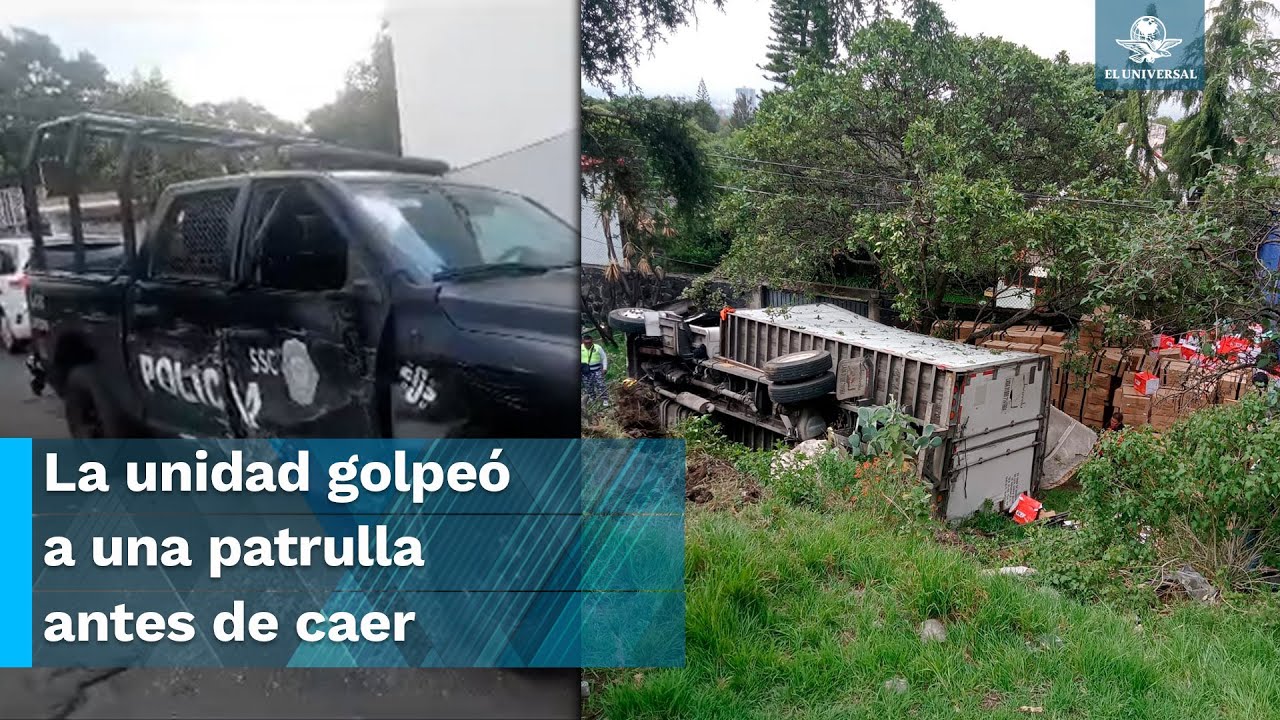 Camión se queda sin frenos y cae a barranca; hay dos lesionados