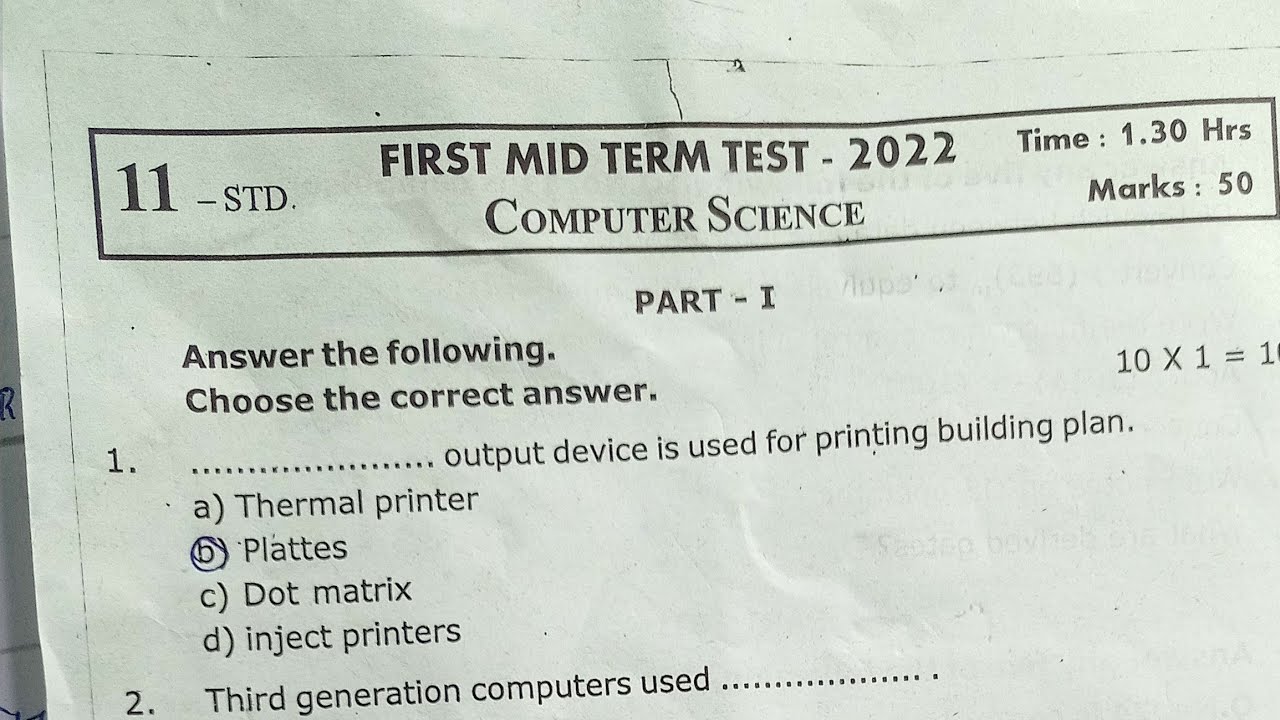 11th Computer Science First Midterm Exam 2022 Question and Answer key