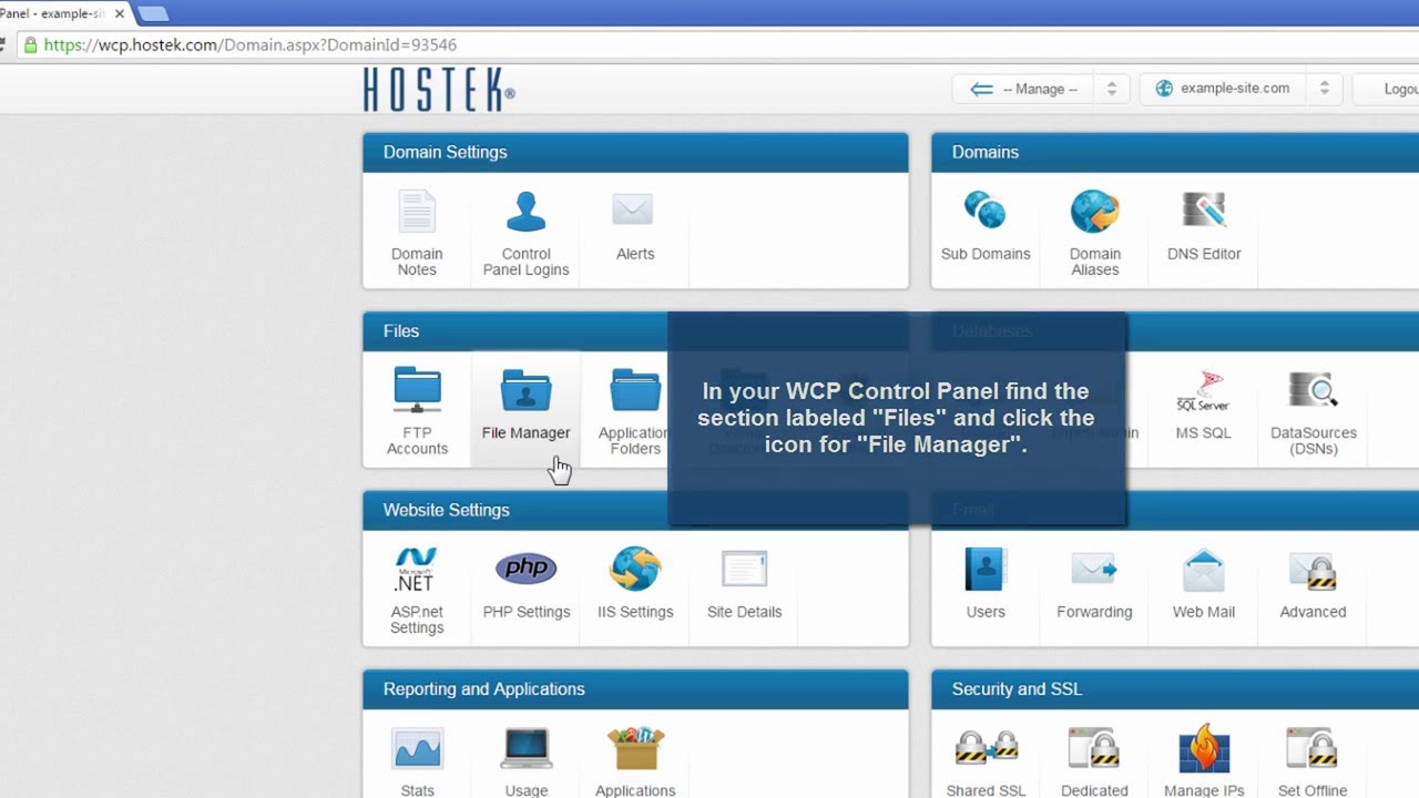 Using FileManager via WCP Control Panel with Hostek.com