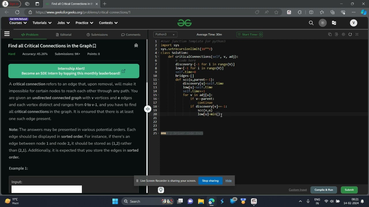 Find all Critical Connections in the Graph geeks for geeks problem of the day python gfg potd python