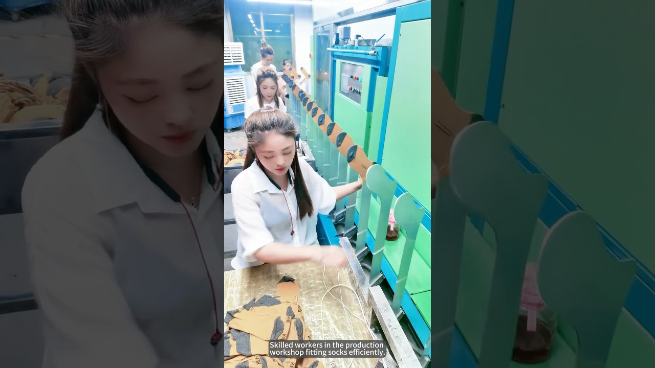 Skilled workers in the production workshop fitting socks efficiently.#amazing #work #workers