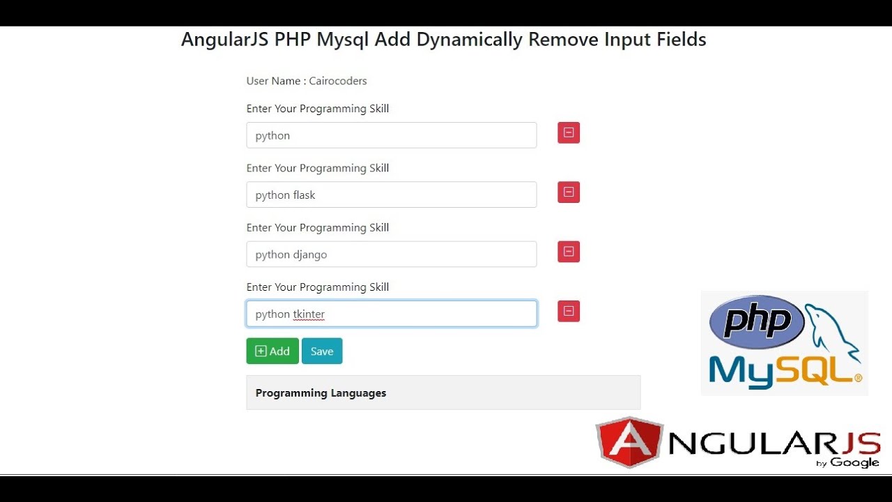 AngularJS PHP Mysql Add Dynamically Remove Input Fields