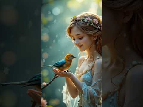 The fairy looks up, her eyes filled with curiosity. A small, colorful bird flutters down#fairyqueen
