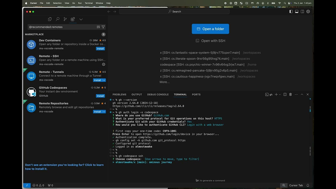 Connect Cursor to a remote GitHub Codespace using SSH