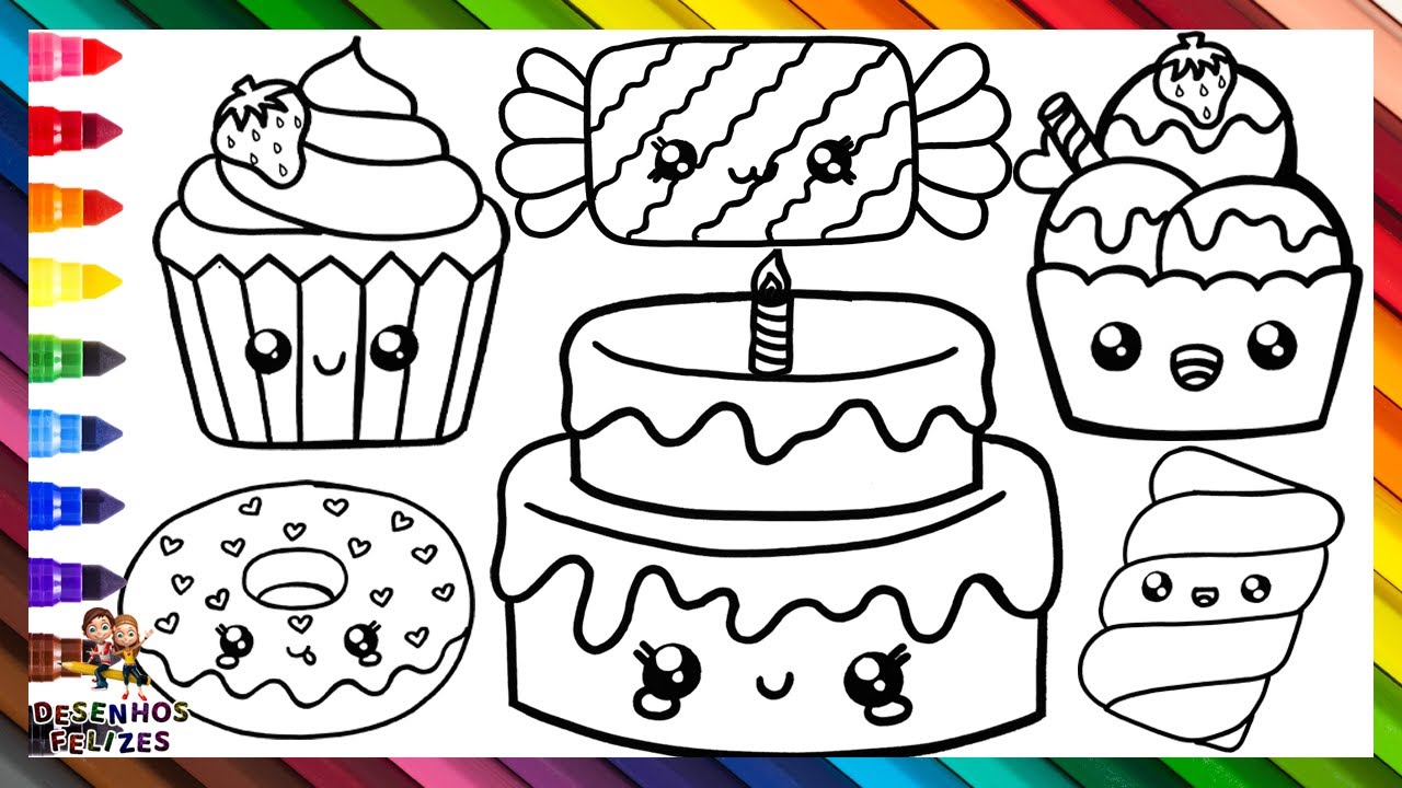 Desenhar e Colorir Sobremesas e Doces Fofos 🎂🧁🍬🍨🌈 Desenhos para Crianças