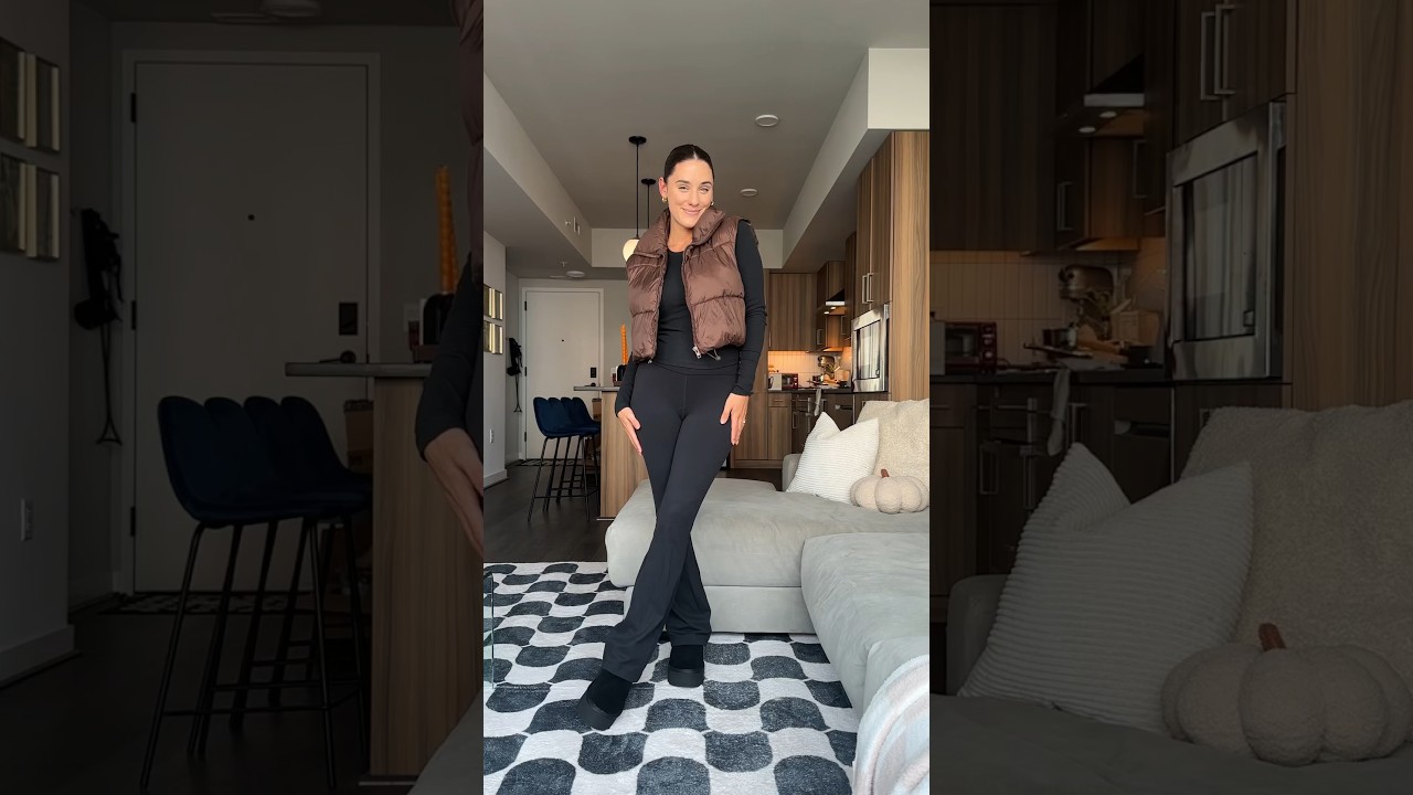 fall outfit inspo idea | casual cozy black Ugg platforms, black outfit, cropped vest