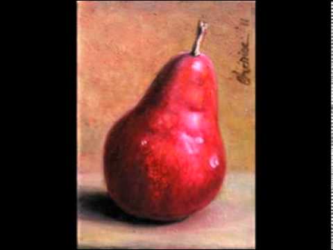 Red pear classical realism oil painting miniature Daniel C. Chiriac fine art