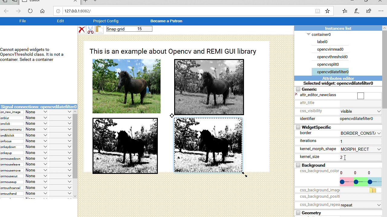 REMI Graphical User Interface Editor and OpenCv