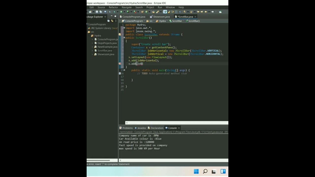 create scroll baar using swing java