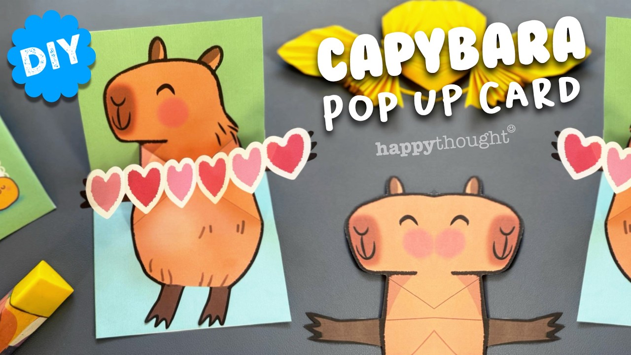 DIY Capybara Pop-up card. Download a paper 3D Diorama card. Capybara activity PDF craft template
