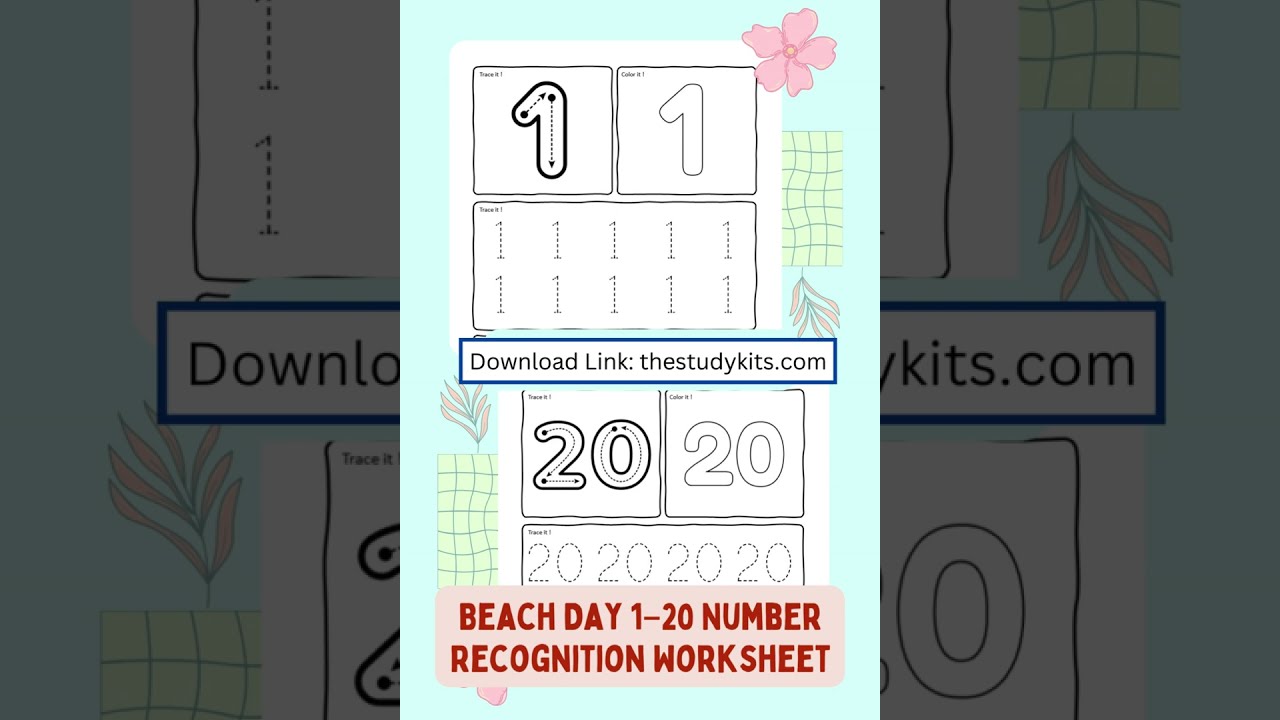 Beach Day 1–20 Number Recognition Worksheet
