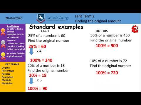 Topic 11 - Find the Original Amount Given a Percentage (Less Than 100%)