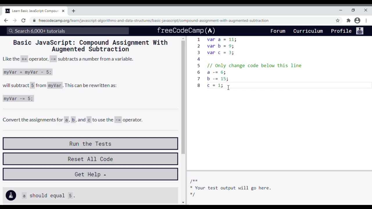 20 - Learn Basic JavaScript   Compound Assignment With Augmented Subtraction