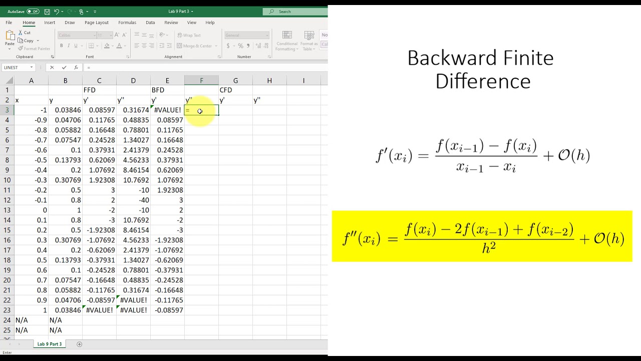Lab 9. Part 3: FFD BFD CFD using excel