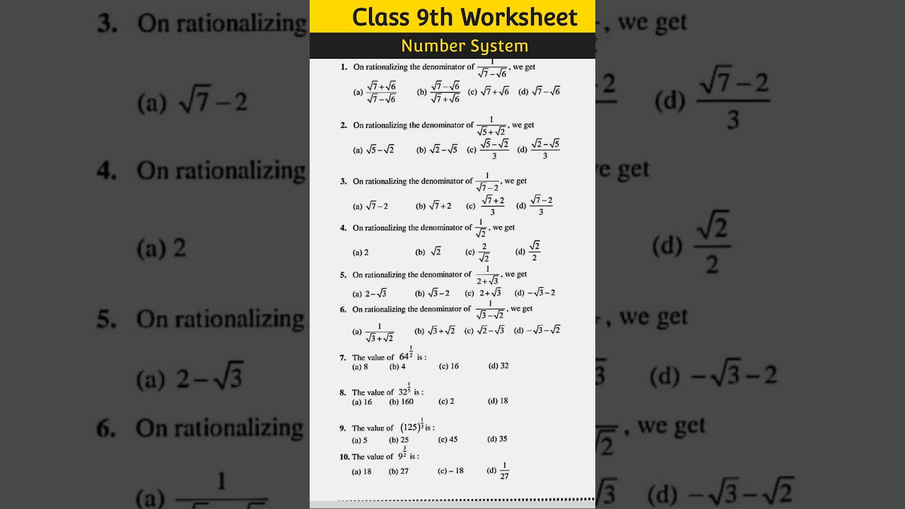 Class 9th Chapter 1 Number System worksheet #maths #numbersystem #9th #9thmaths