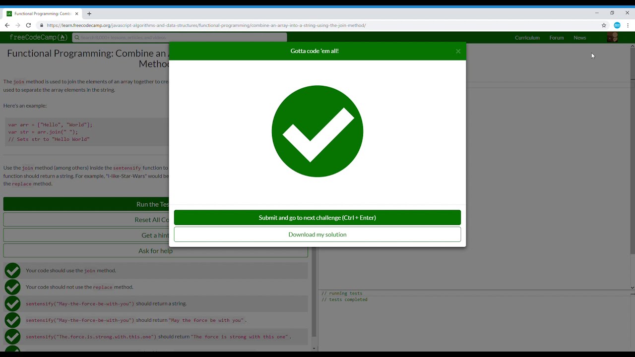 Functional Programming  Combine an Array into a String Using the join Method  freeCodeCamp20/24