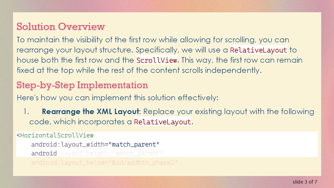 How to Always Display First Row in a Linear Layout While Scrolling in Android Studio