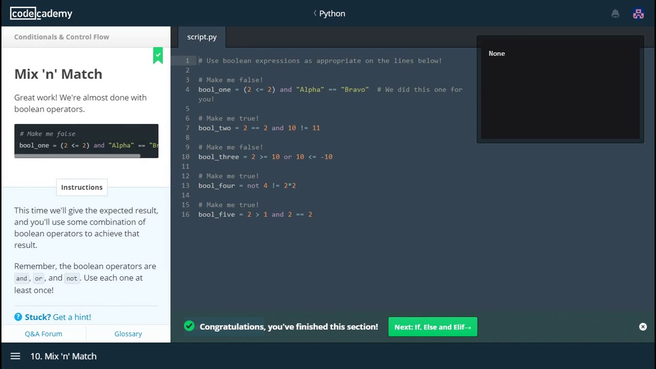 Conditionals And Control Flow Codecademy Python Answers