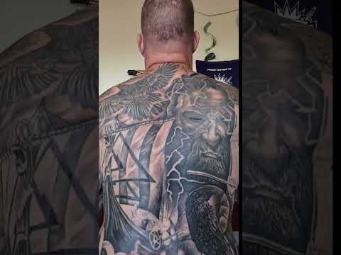 Norse Mythology Viking Back Tattoo - War Ship, Odin, Huginn & Muninn #vikingtattoo #norsemythology