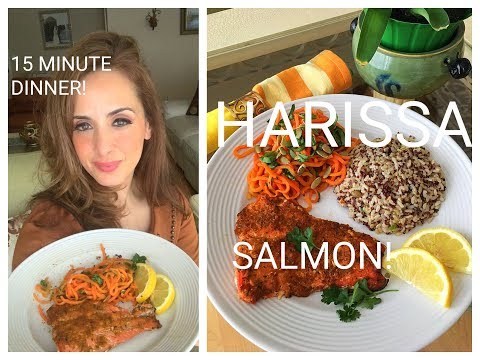 15 MINUTE HARISSA SALMON AND CARROT ZOODLE SALAD!