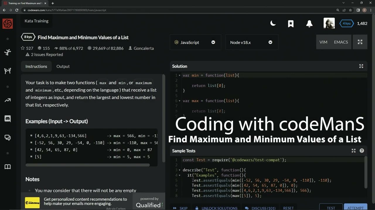 Codewars 8 kyu Find Maximum and Minimum Values of a List Javascript