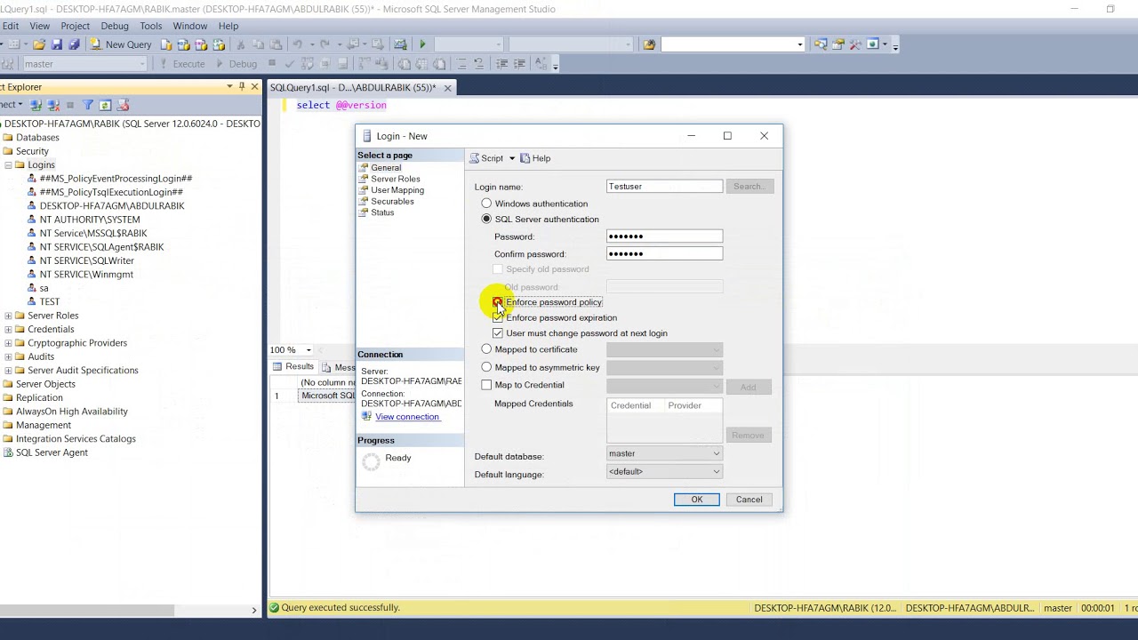 How to create SQL authentication login(user) in sql server 2014.