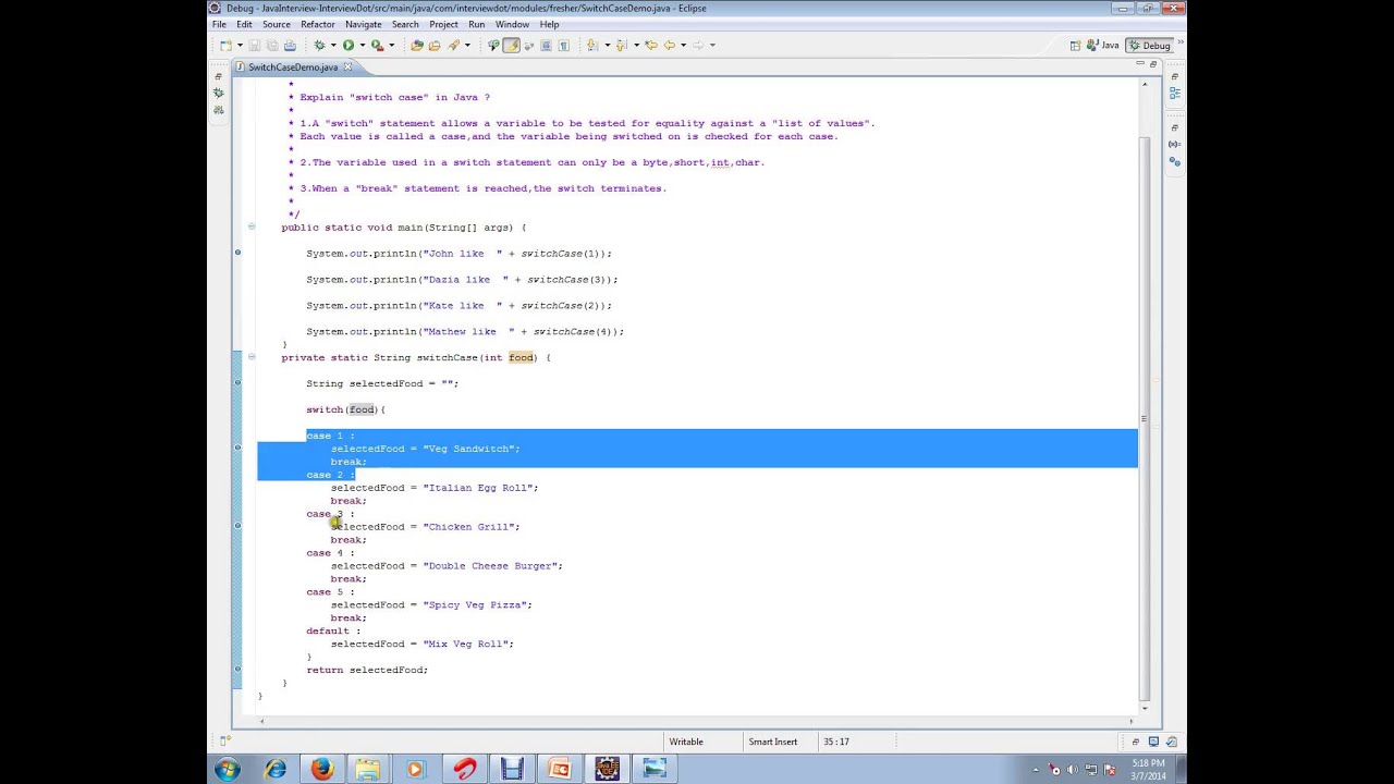 Eclipse Demo Explain switch case in Java