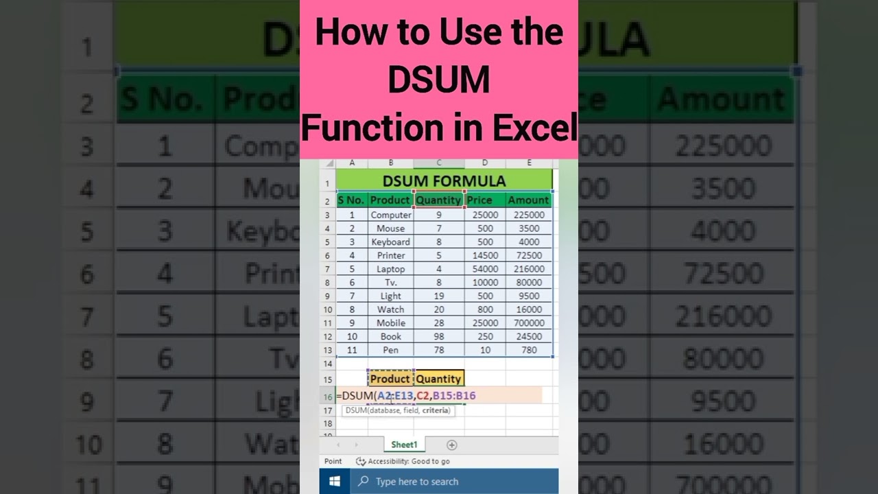 How to use the DSUM function in Excel