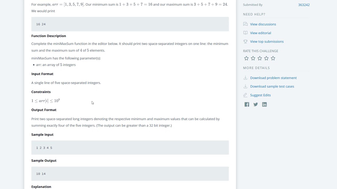 Hackerrank Solution - Mini-Max Sum Warmup