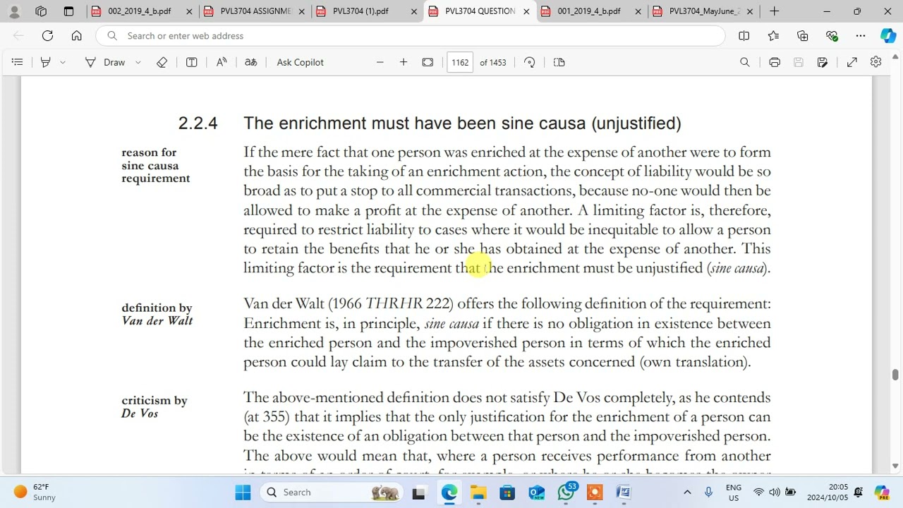 PVL3704 UNJUSTIFIED ENRICHMENT liability and estoppel  revision