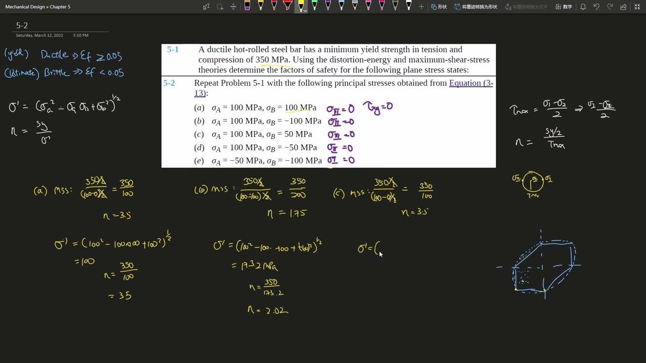 5-2 Repeat Problem 5-1 with the following principal stresses obtained from Equation (3-13):