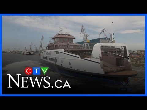 BC Ferries newest hybrid-electric vessel splashes into open water on voyage to Vancouver Island