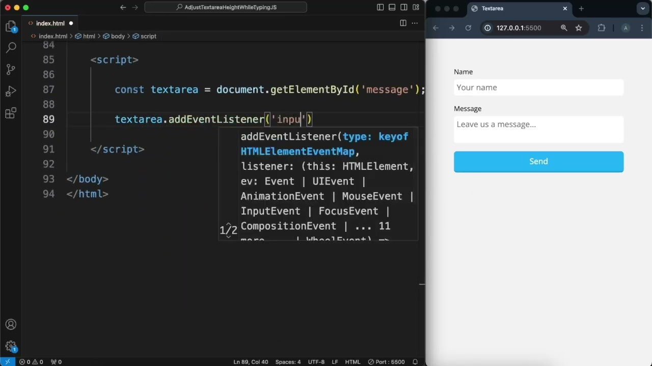 Dynamically change HTML textarea height while typing to fit content - JavaScript