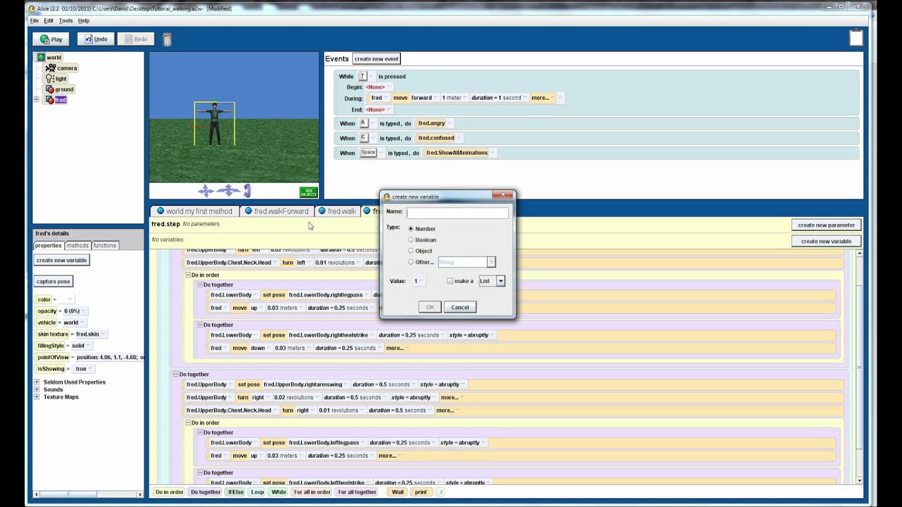 Alice 2.2 Tutorial: walking while key is pressed
