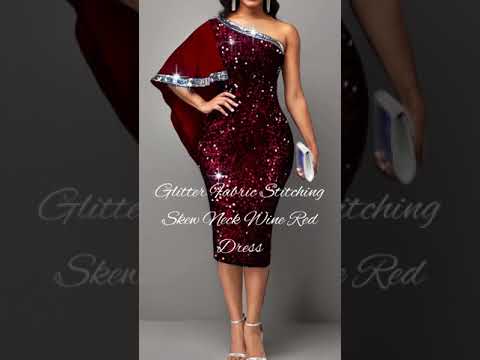 Glitter Fabric Stitching Skew Neck Wine Red Dress | #Shorts #youtubeshorts