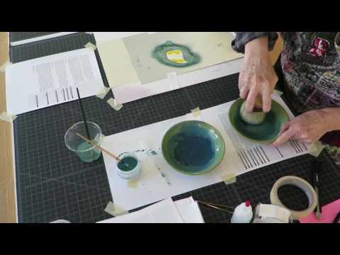 Pochoir technique: applying dark green over yellow