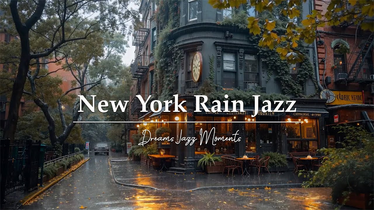 Cozy Rainy Day Jazz 🌧️ Vintage Outdoor Cafe Ambience on Quiet New York Street & Relax Jazz Playlist