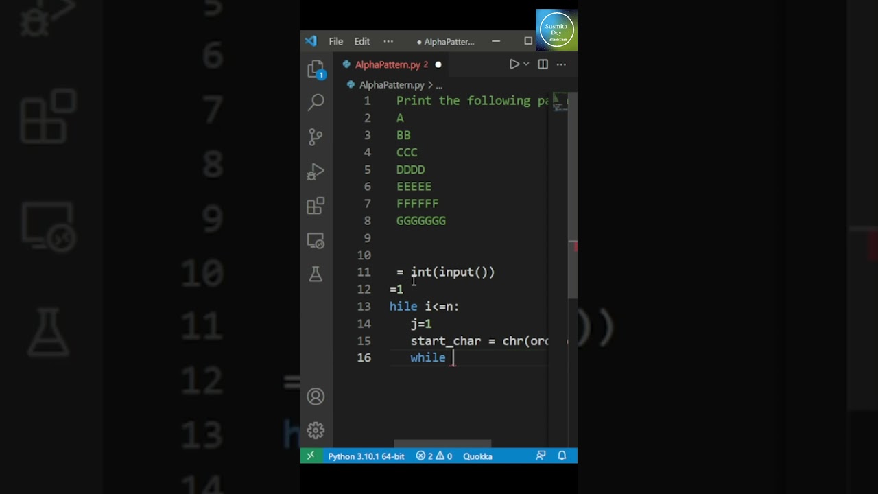 Printing Alpha Pattern in Python || Pattern Coding (Tut-4) #shorts