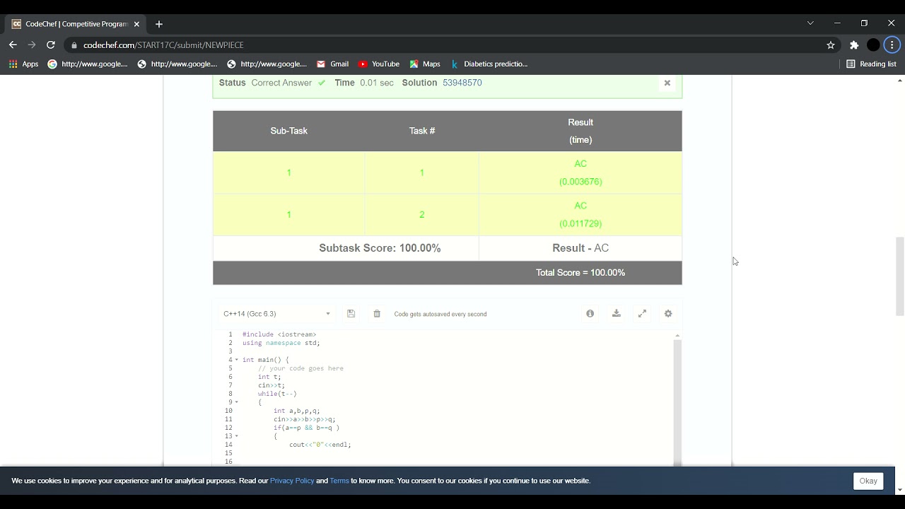 NEW PIECE SOLUTION #STARTER17 #CodeChef   #Competitive Programming    # CodeChefsolution