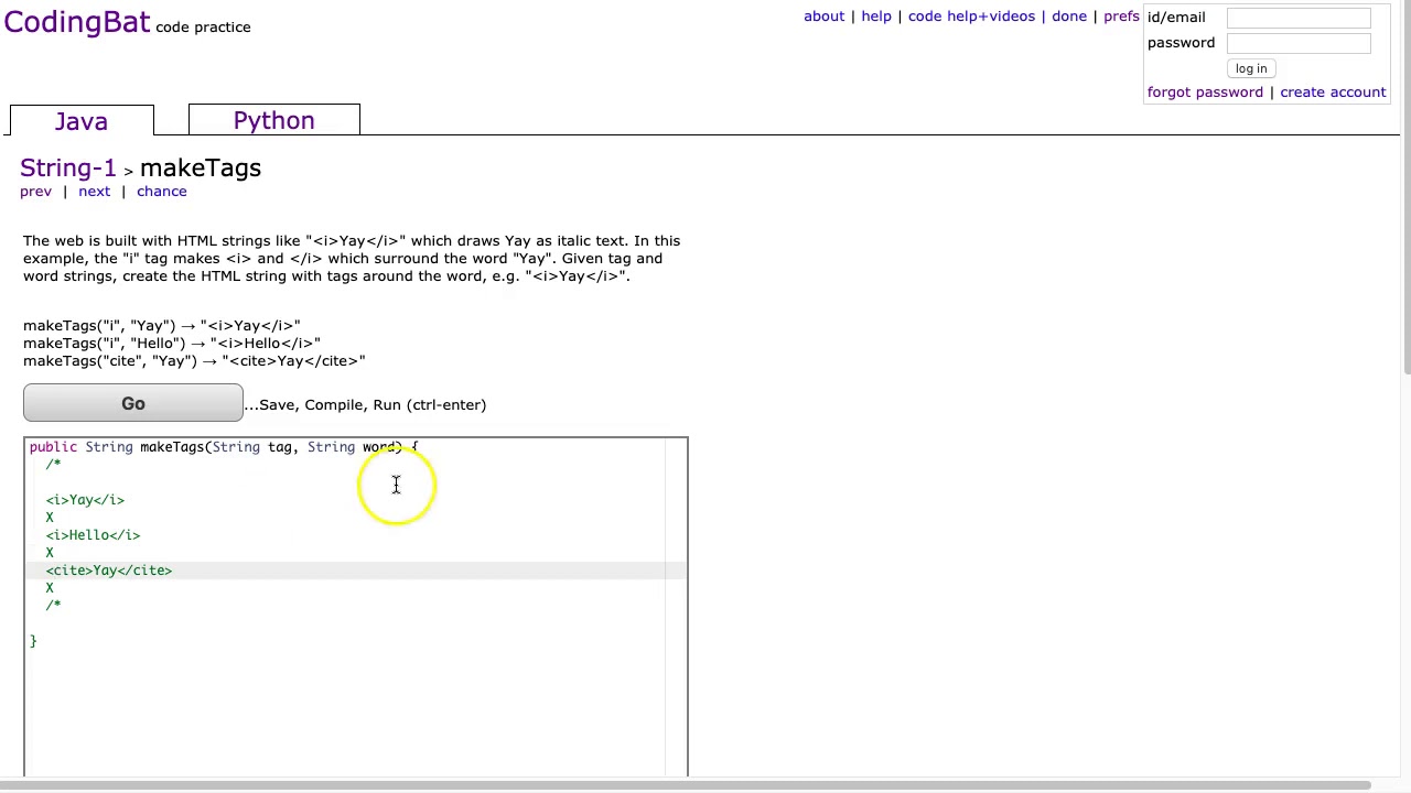 Codingbat - makeTags (Java)